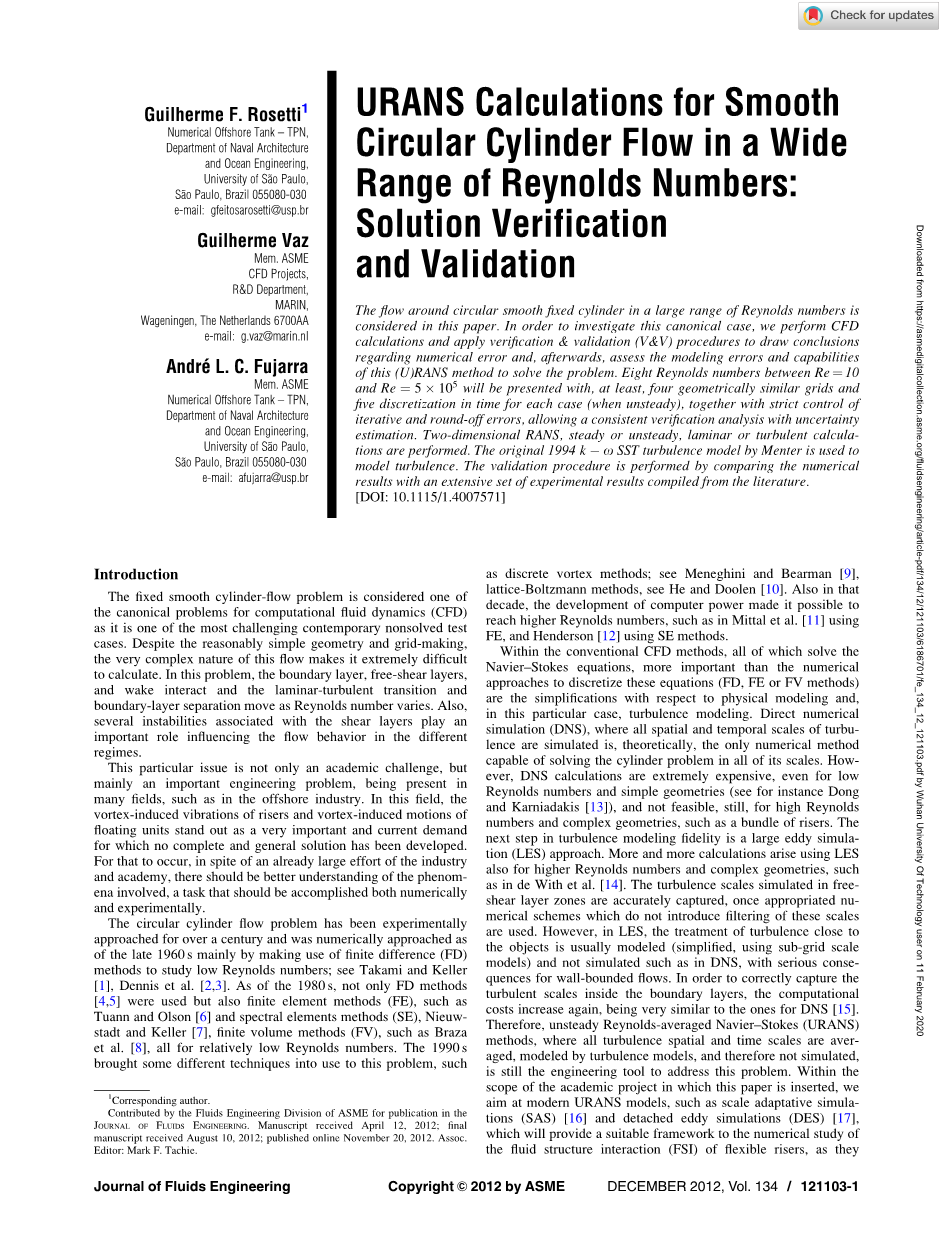 在广泛雷诺数范围内光滑圆柱流的URANS计算：结果验证和确认外文翻译资料-文献翻译网